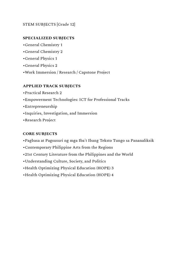 Stem Subjects (Grade 12) | PDF