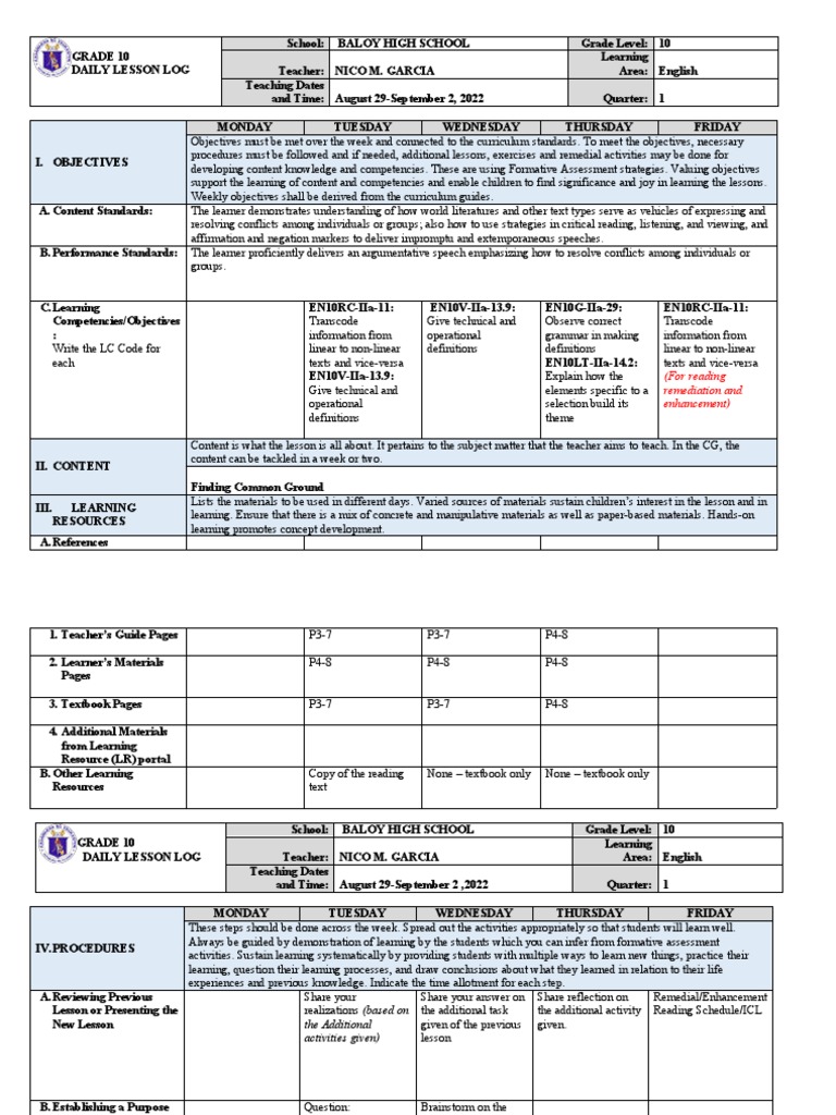 ENGLISH 10 DLL Quarter | PDF | Teaching Method | Learning