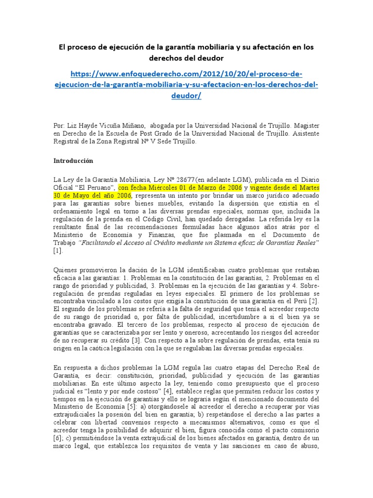 El Proceso De Ejecución De La Garantía Mobiliaria Y Su Afectación En