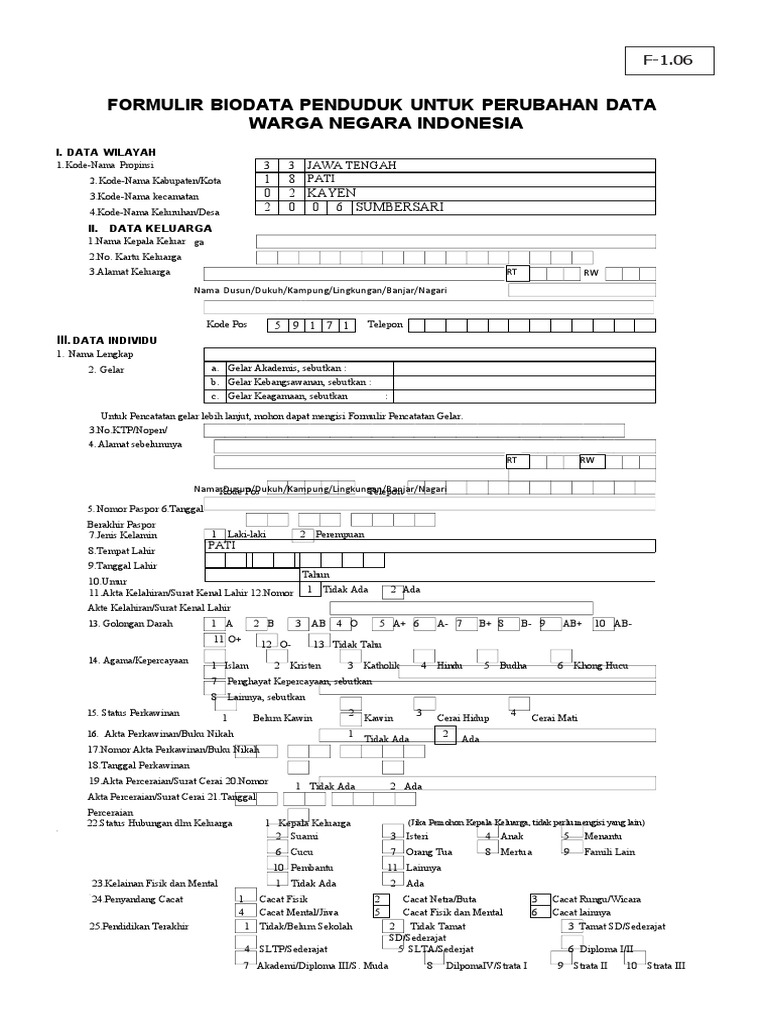 Formulir Biodata Penduduk Untuk Perubahan Data Wni | PDF