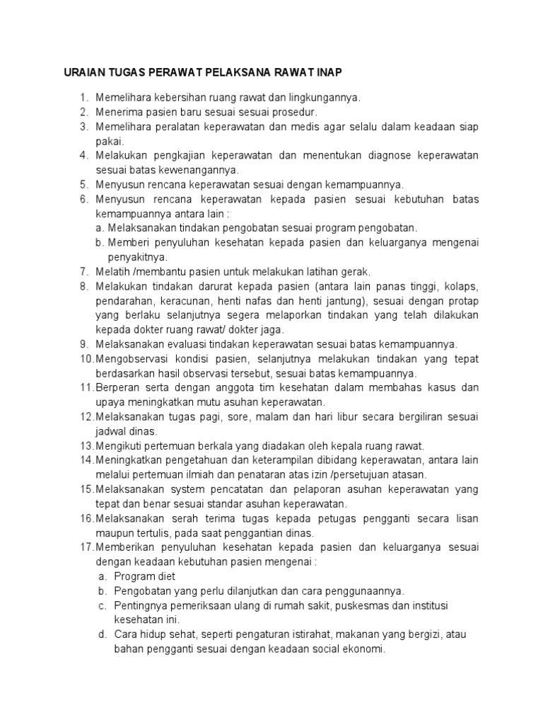 Uraian Tugas Perawat Pelaksana Rawat Inap | PDF