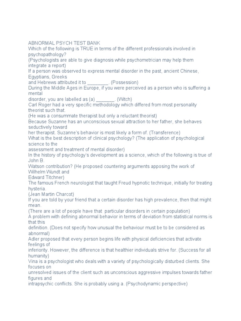 Abnormal Psych Test Bank | PDF | Mental Disorder | Personality Disorder