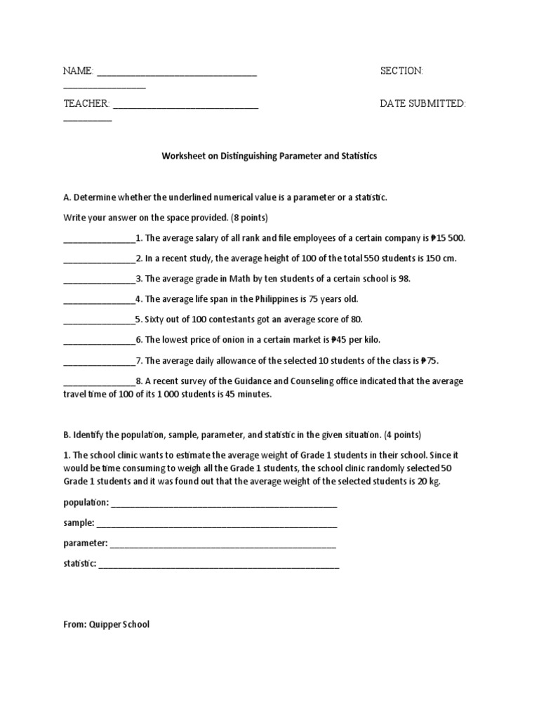 Worksheet On Distinguishing Parameter and Statistics | PDF