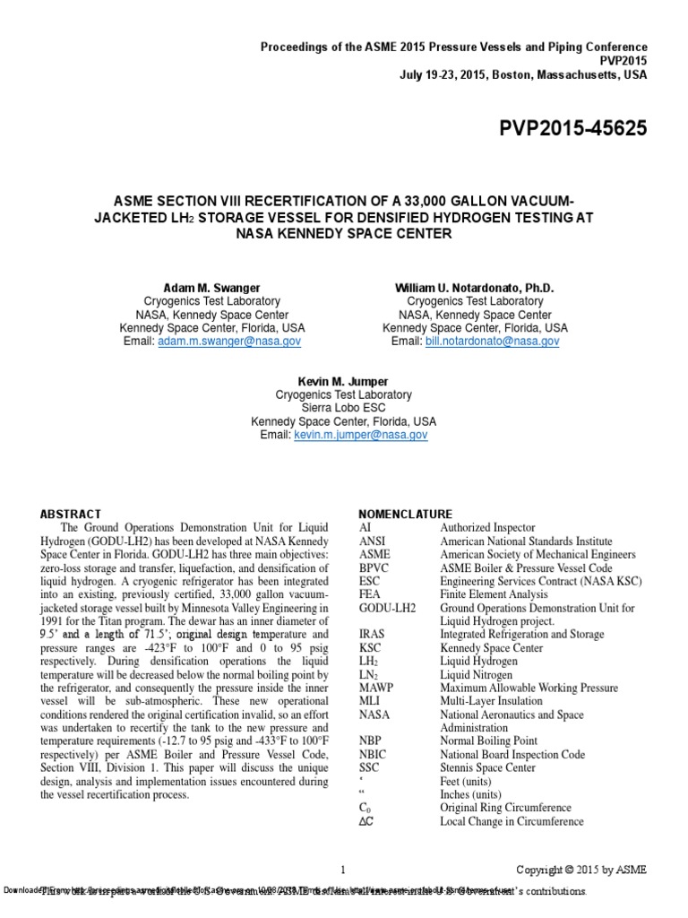 Swanger, Adam M. - Notardonato, William U. - Jumper, Kevin M. - (ASME ASME 2015 Pressure Vessels ...