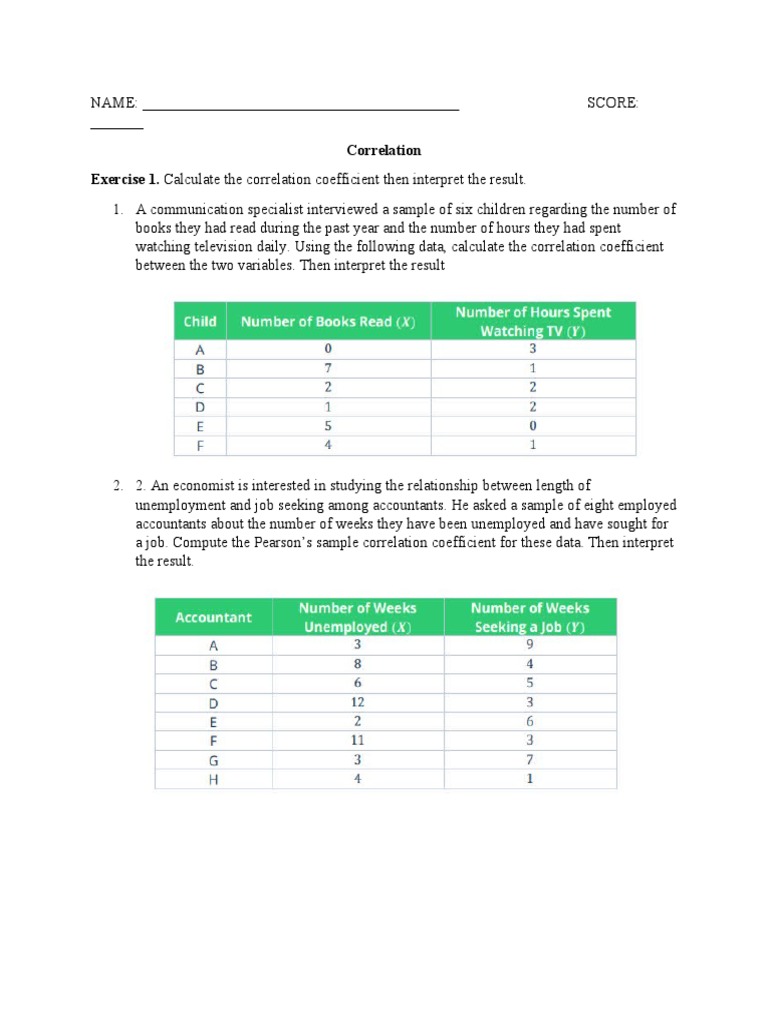 6 FAA- Worksheet 2 on Correlation and Regression (Pearson's Correlation) | PDF