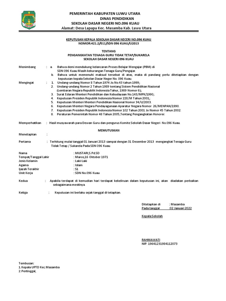 Pengangkatan Guru Sukarela SDN 096 Kuau | PDF