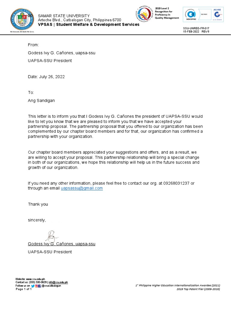 Acceptance Letter For Ang Sandigan | PDF