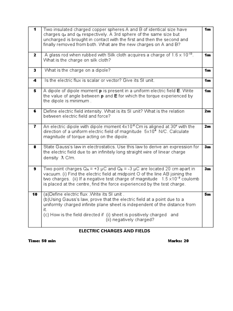 Test No-1 Electric Field and Charges | PDF | Teaching Methods ...
