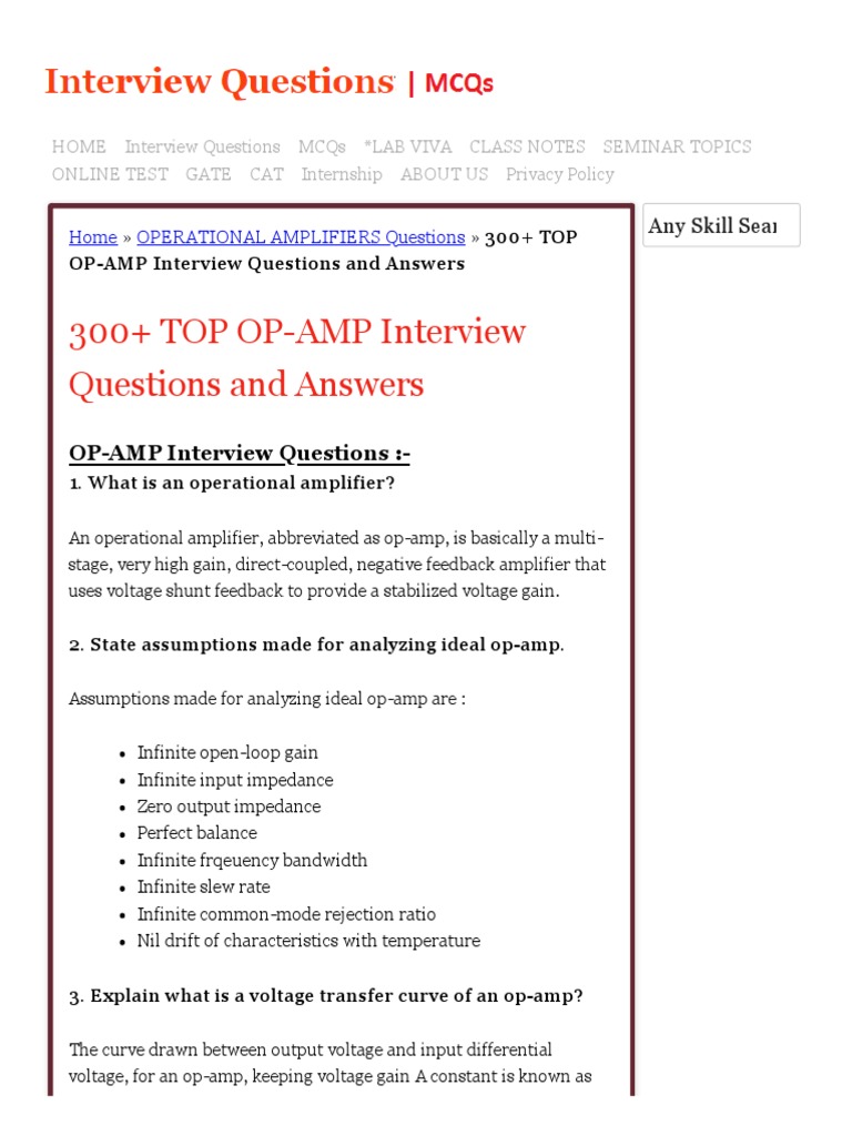 300+ TOP OP-AMP Interview Questions and Answers 2021 | PDF | Operational Amplifier | Amplifier