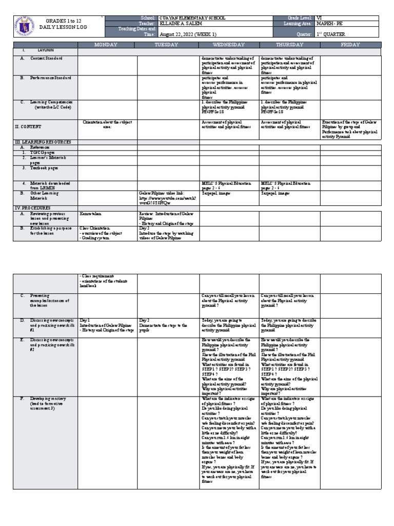 DLL - Mapeh 6 - Q1 - W1 | PDF | Physical Fitness | Flexibility (Anatomy)