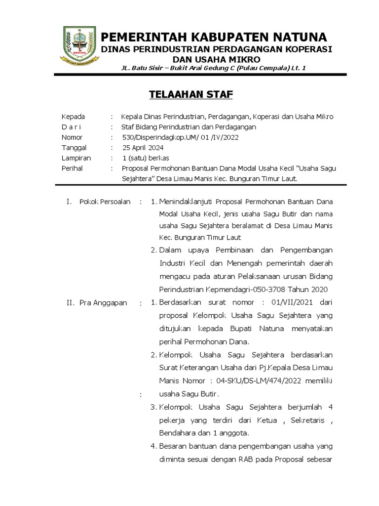 Telaahan Staf PROPOSAL BANTUAN DANA USAHA SAGU SEJAHTERA KEC. BUNGURAN ...