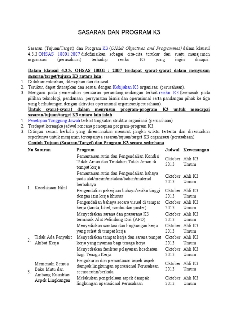 Sasaran Dan Program K3 | PDF