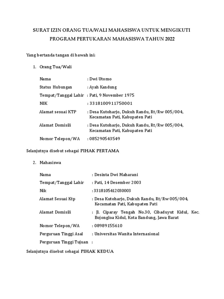 Surat Persetujuan Orang Tua Mahasiswa Untuk Mengikuti PMM 2 | PDF