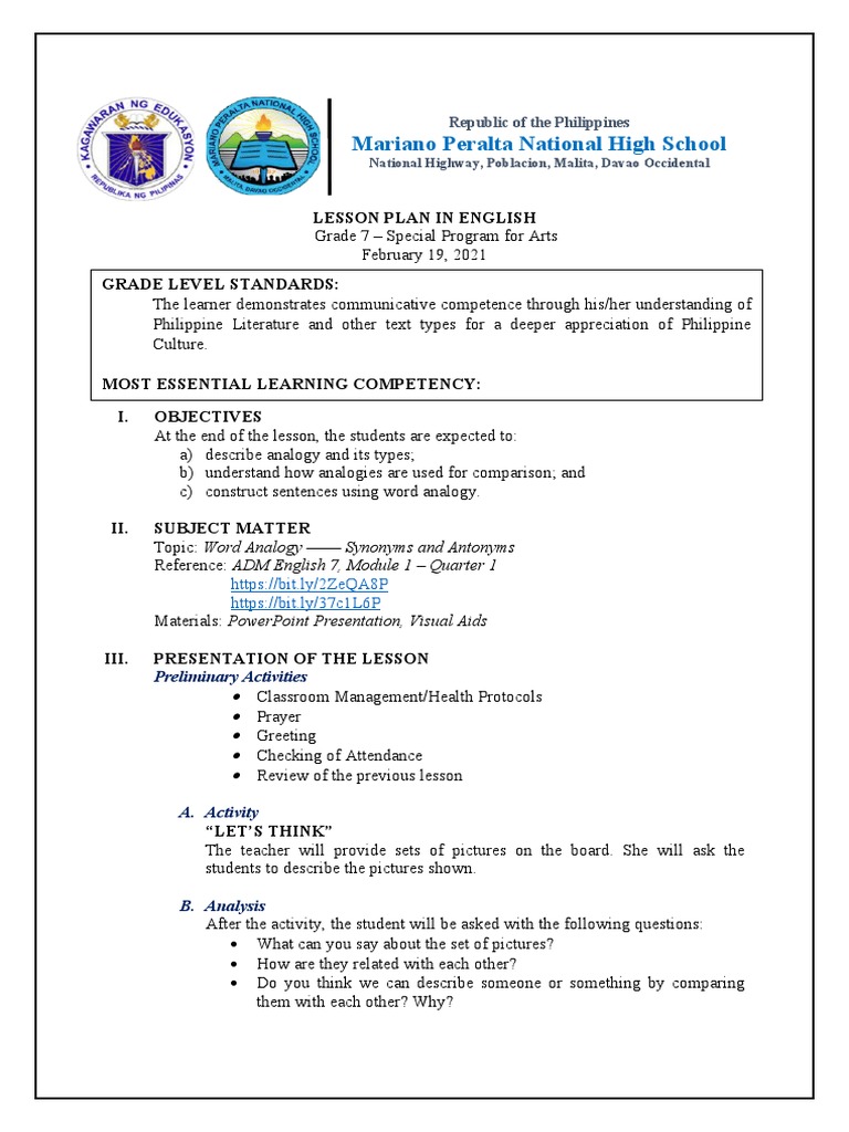 COT Draft | PDF | Analogy | Lesson Plan