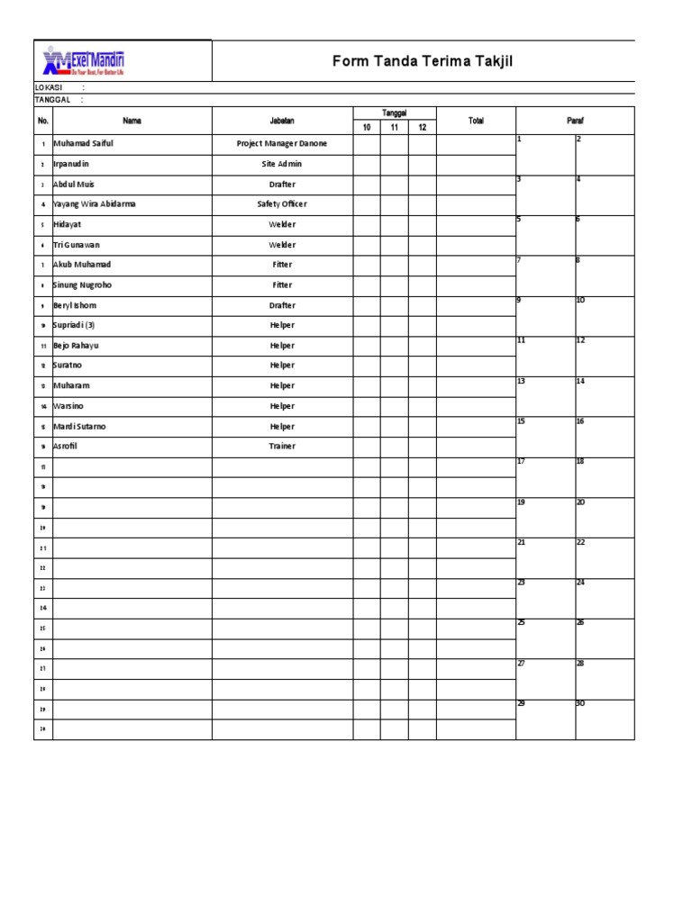 Form Tanda Terima Takjil dan Seragam untuk Proyek Konstruksi Bangunan ...