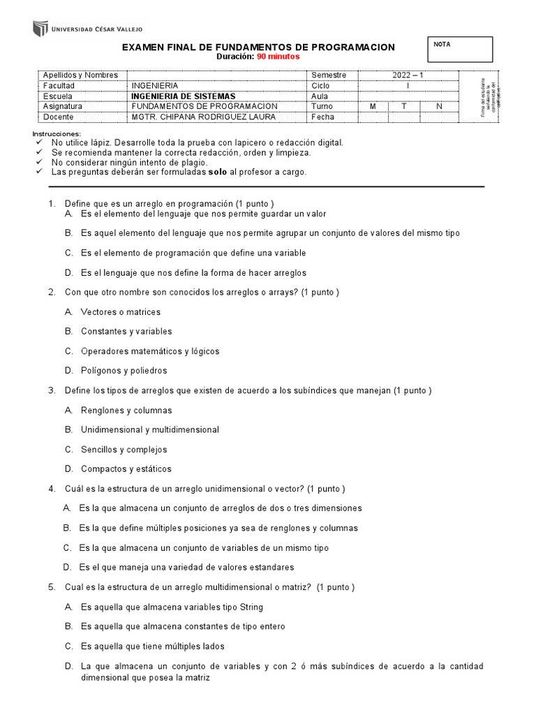 Examen Final Fundamentos de Programación | PDF | Estructura de datos de ...