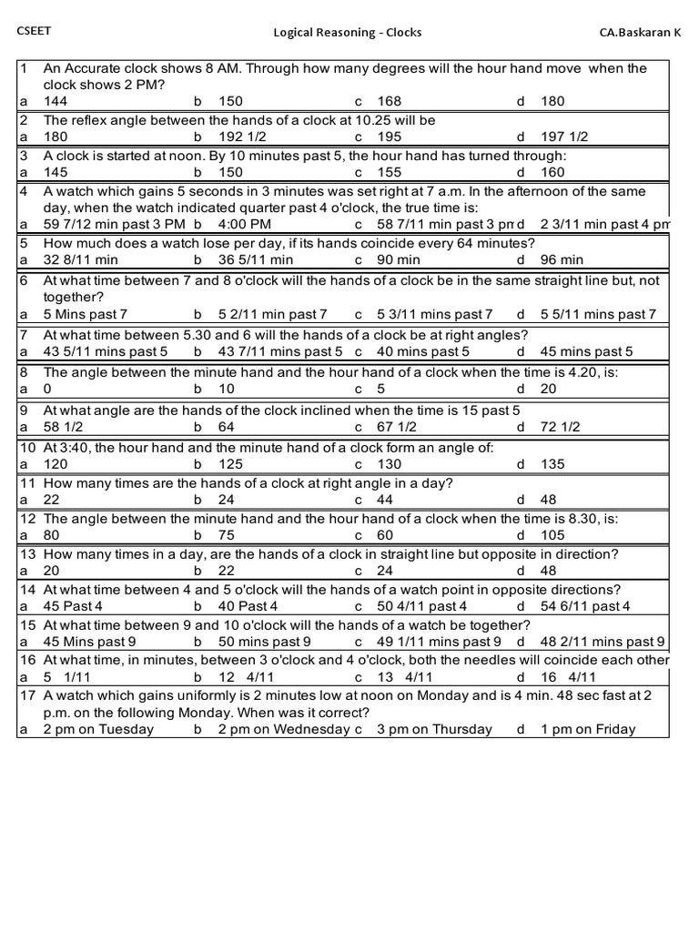 Chapter - 1 CSEET Clocks Questions and Basic Concepts | PDF | Clock | Hour