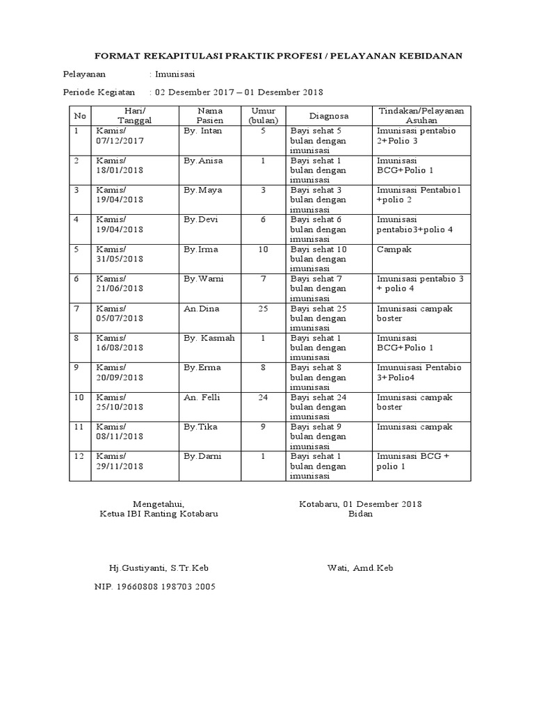 FORMAT REKAPITULASI KEGIATAN PRAKTIK PROFESI (Imunisasi) | PDF ...