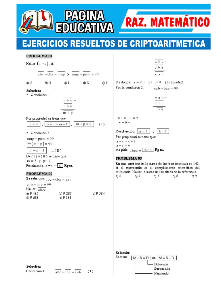 Ejercicios Resueltos de Criptoaritmetica Pagina Educativa | PDF | Sustracción | Aritmética