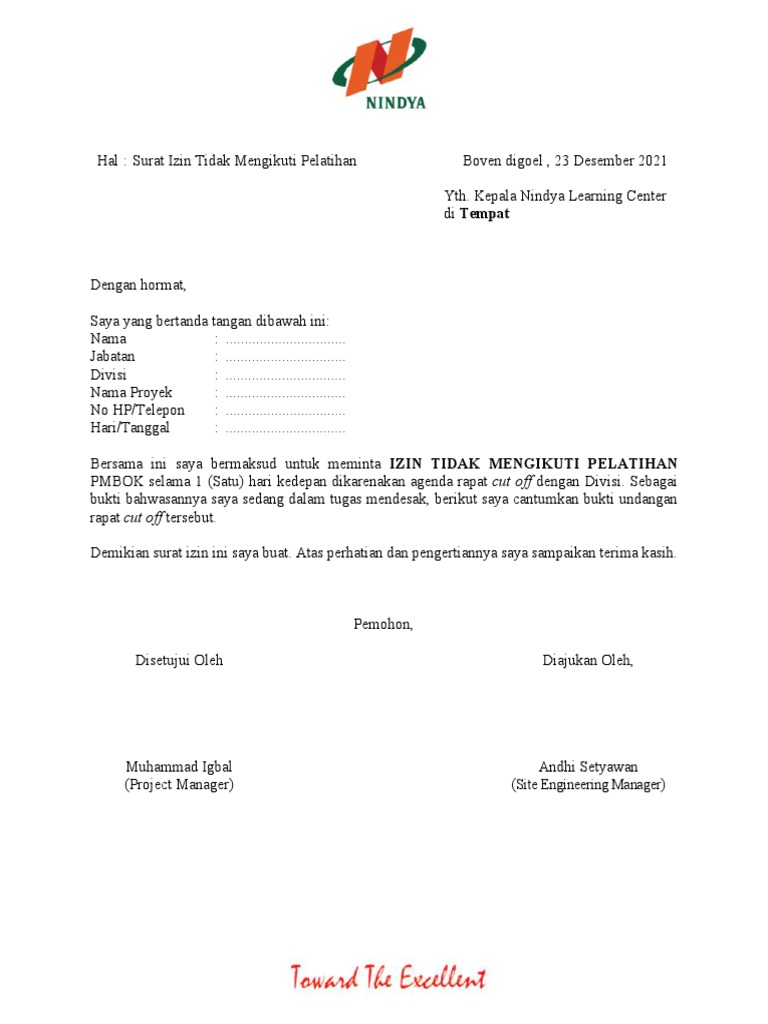 Surat Izin Tidak Mengikuti Pelatihan - 20211223 | PDF