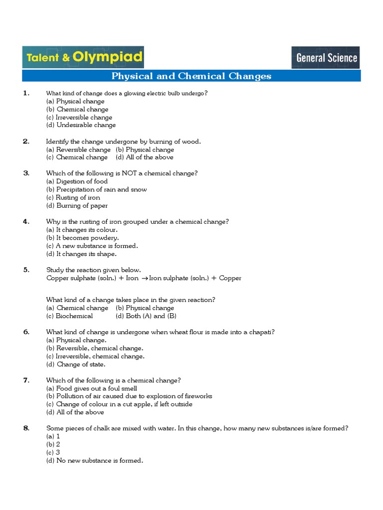 Physical and Chemical Changes - MCQ | PDF | Chemical Substances | Water