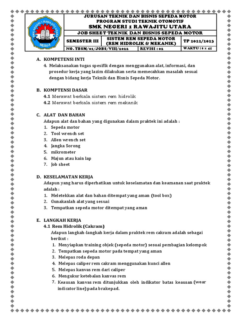 Job Sheet Sistem Rem Hidrolik Dan Mekanik 2022 | PDF