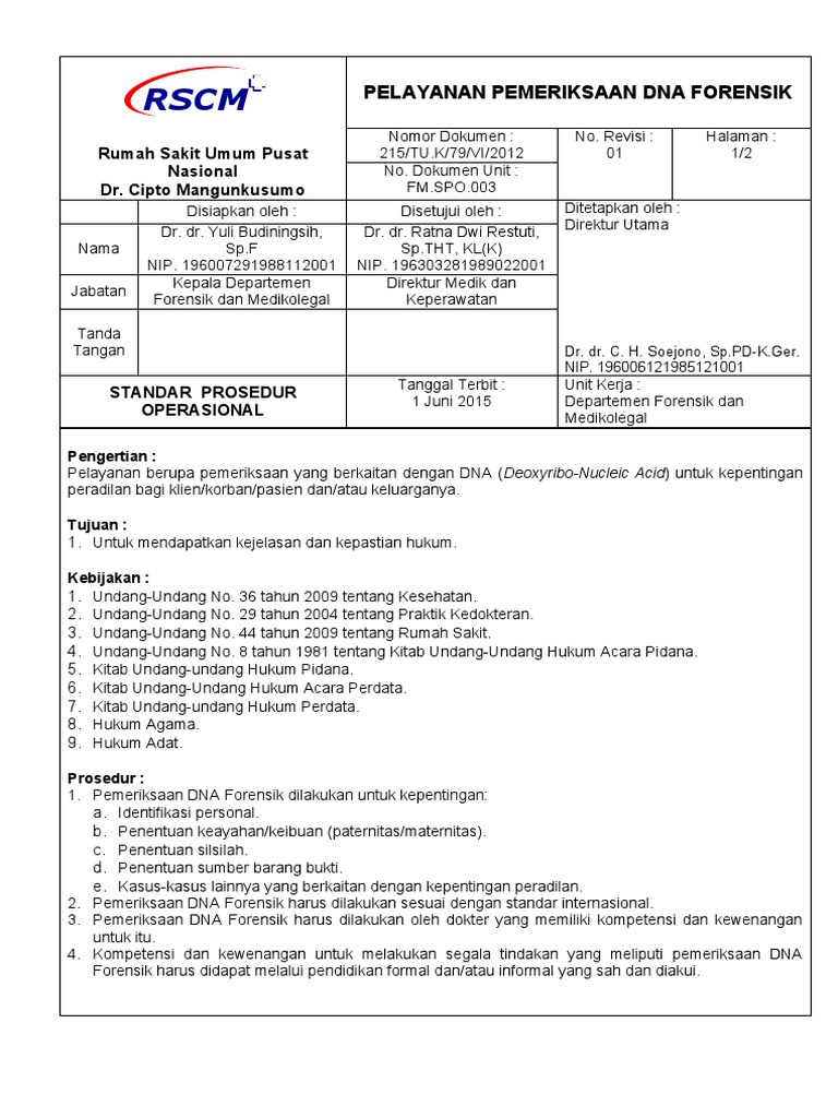 Sop 003 215 Pelayanan Pemeriksaan Dna Forensik Ok | PDF