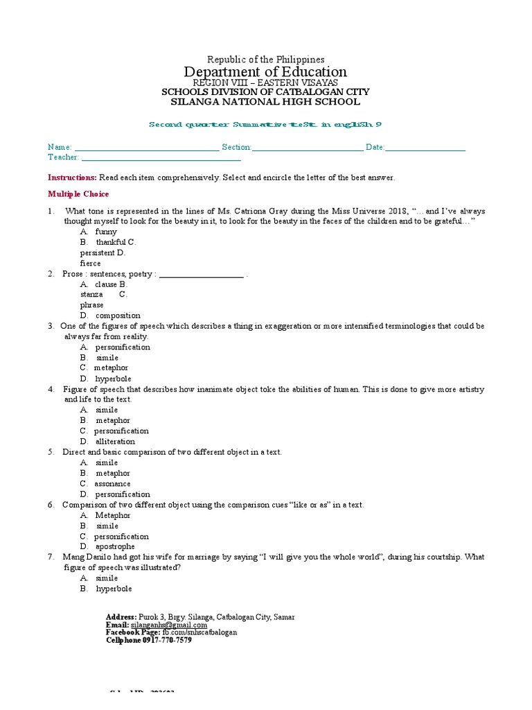 Second Quarter Summative Test in English 9 | PDF | Poetry | Sonnets