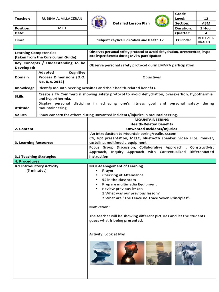 Mountaineering Lesson Plan in Pe 12 | PDF | Hiking | Lesson Plan