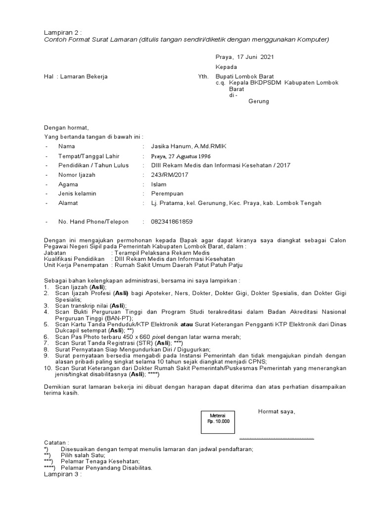 Contoh Format Surat Lamaran (Ditulis Tangan Sendiri/diketik Dengan ...