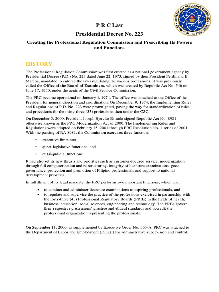 PRC Law (PD 223 and Ra 8981) | PDF | Licensure | Test (Assessment)