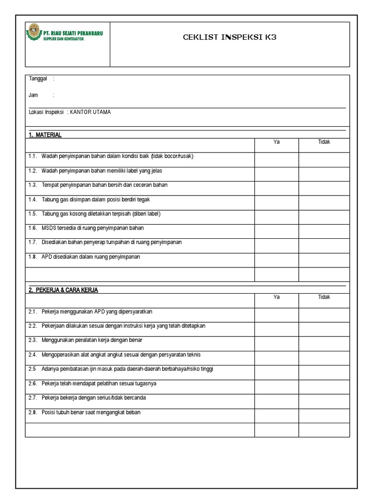 Ceklist Inspeksi K3 | PDF