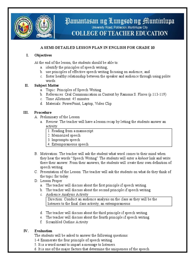 Grade 10 English Lesson on Principles of Effective Speech Writing | PDF