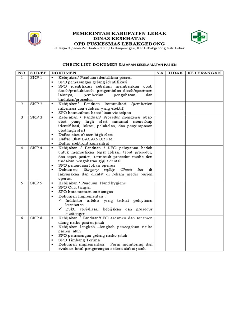 Chek List Dokumen Sasaran Keselamatan Pasien | PDF