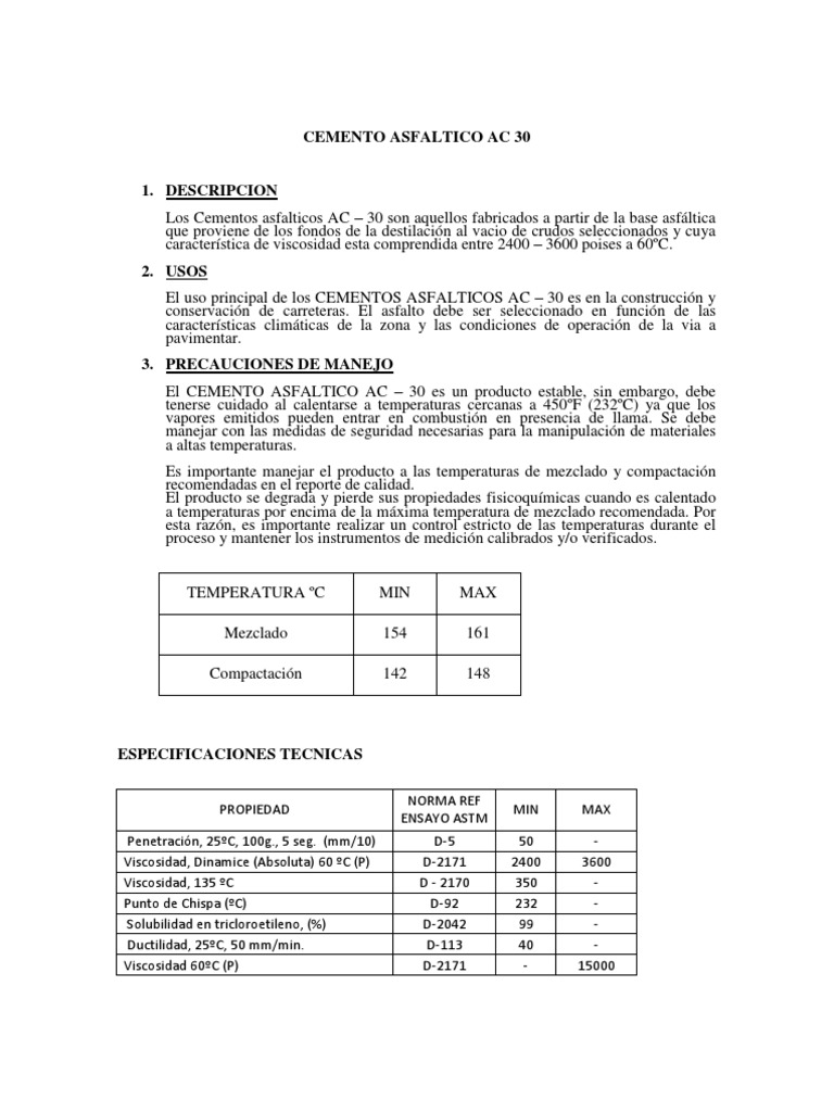 Cemento Asfáltico AC 30: Especificaciones y Usos | PDF | Temperatura ...