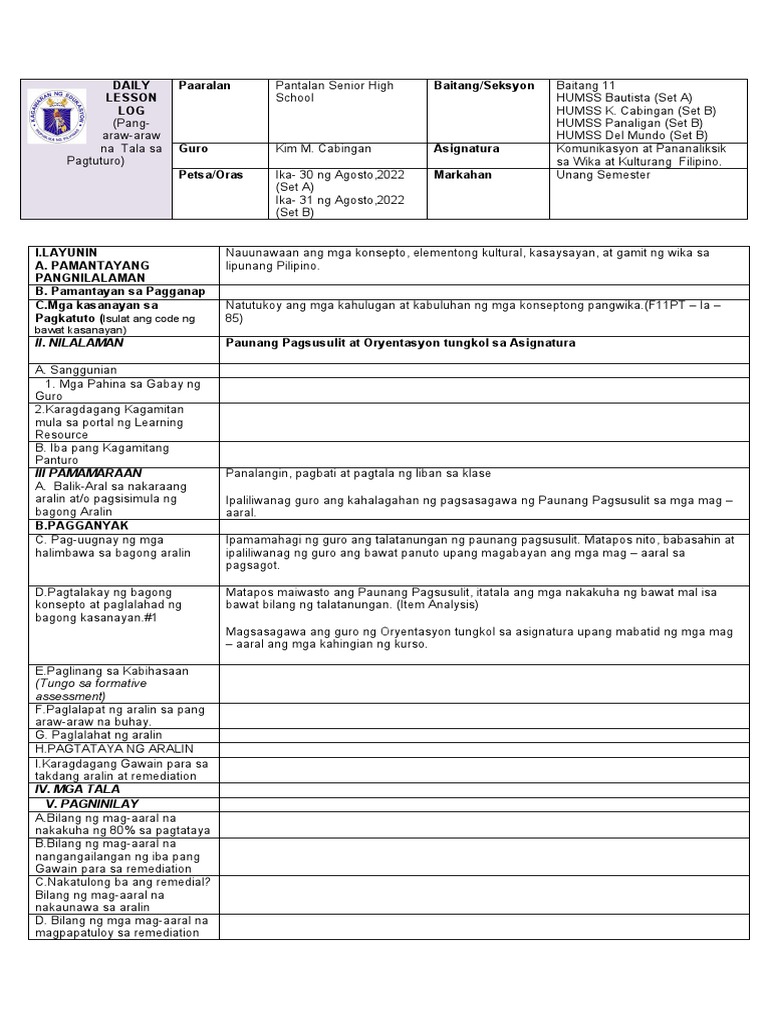 DLL-PAUNANG-PAGSUSULIT-at-ORYENTASYON-KOMUNIKASYON SET B | PDF