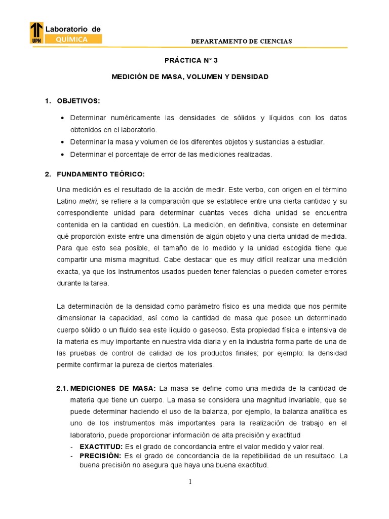 Práctica N°3 - Medición de Masa, Volumen y Densidad-1 | PDF | Medición ...