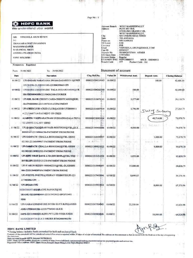 Arun Reddy Salary July Credited Bank Statement | PDF
