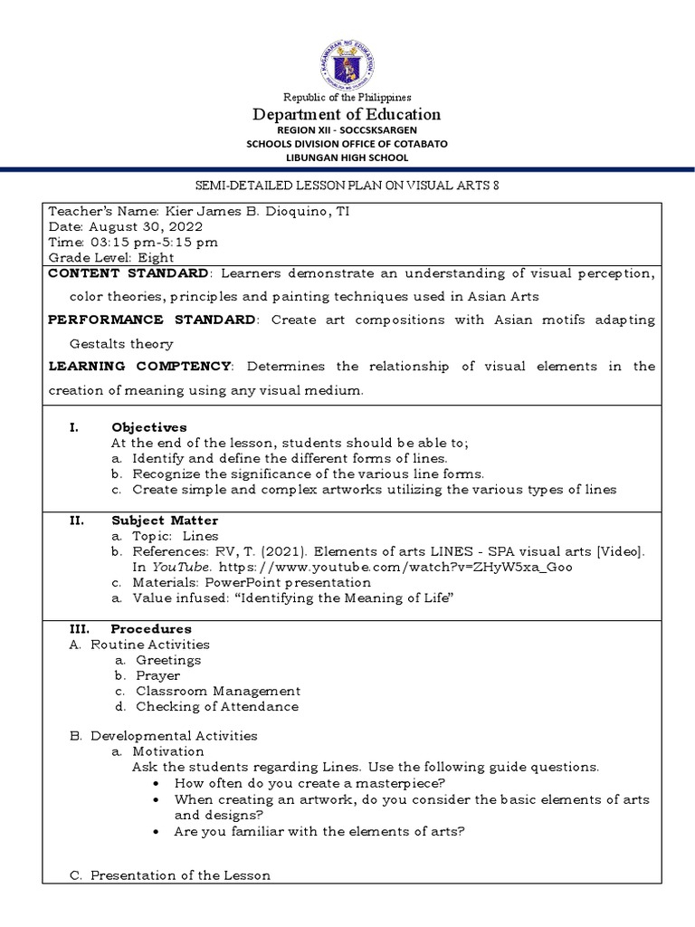 SDLP Visual Arts 7 q1w1 | PDF | Lesson Plan | Behavior Modification