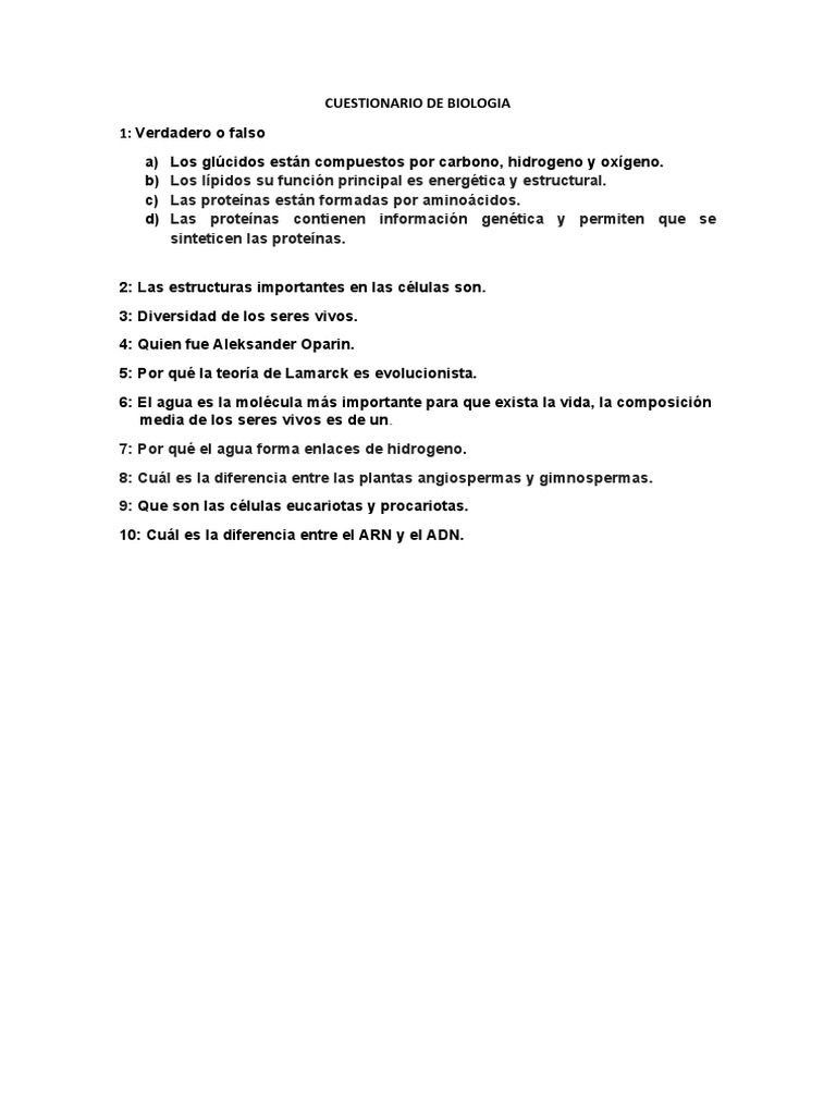 Cuestionario de Biologia 2do Bgu | PDF