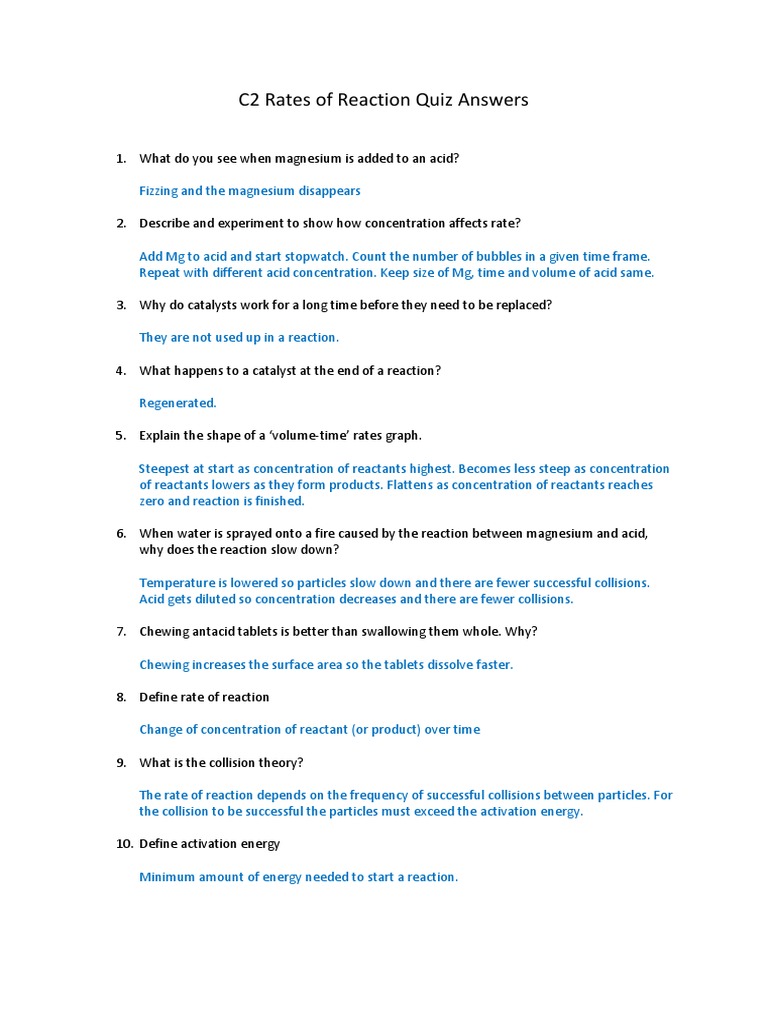 c2 Rates of Reaction Quiz Answers | PDF | Reaction Rate | Chemical ...