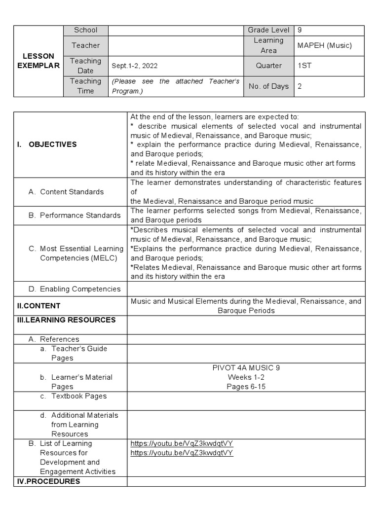 Lesson Exemplar-MAPEH-MUSIC-WK1 | PDF | Choir | Baroque Music