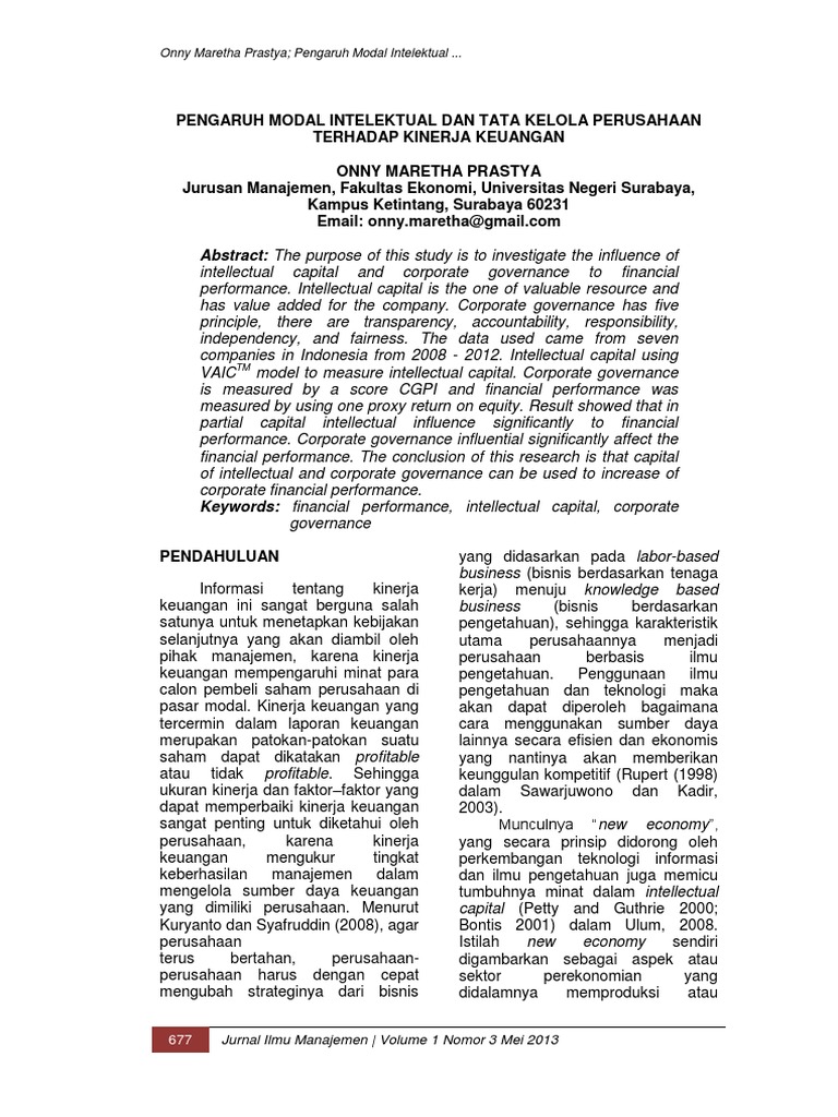 Pengaruh Modal Intelektual Dan Tata Kelola Perusahaan Terhadap Kinerja Keuangan... | PDF