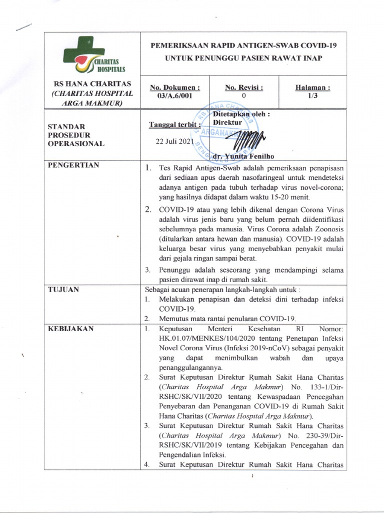 SPO Pemeriksaan Rapid Antigen-Swab Untuk Penunggu Pasien Ranap | PDF