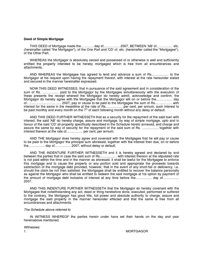 Terms and Conditions of a Simple Mortgage between AB and CD | PDF ...