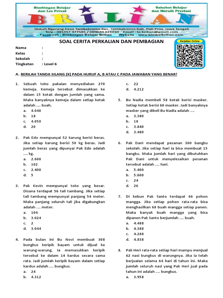 Soal Cerita Perkalian Pembagian Kelas 5 SD - Level 6 | PDF