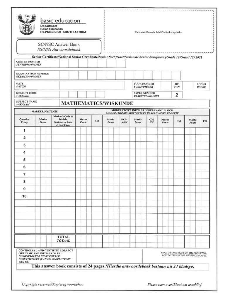 Mathematics P2 May-June 2021 Answer Book Afr & Eng | PDF
