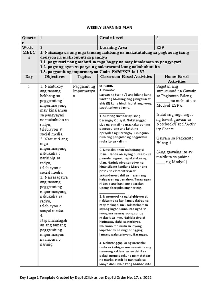 Subukin: Key Stage 1 Template Created by Depedclick As Per Deped Order ...
