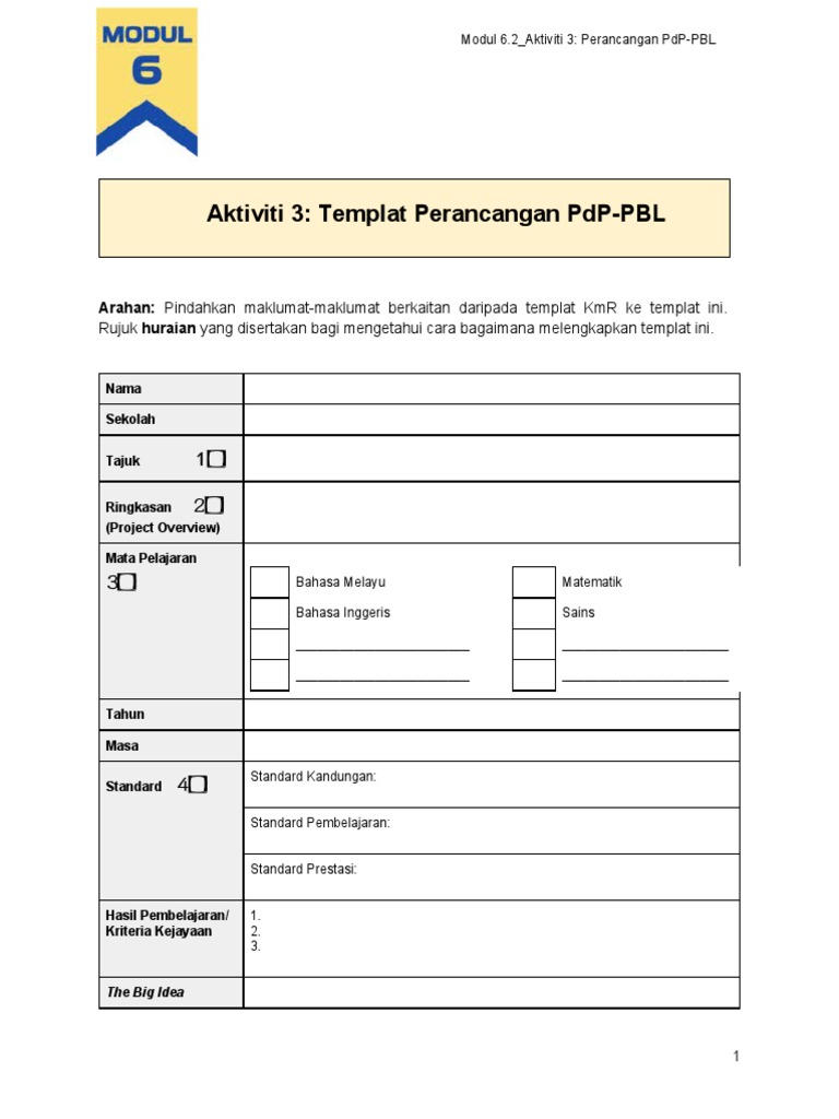 Toolkit 6.2 - Aktiviti 3 Templat Perancangan PDP-PBL | PDF