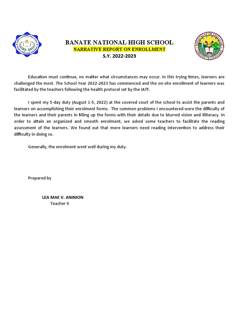 Narrative Report Enrolment 2022 | PDF | Career & Growth | Social Science